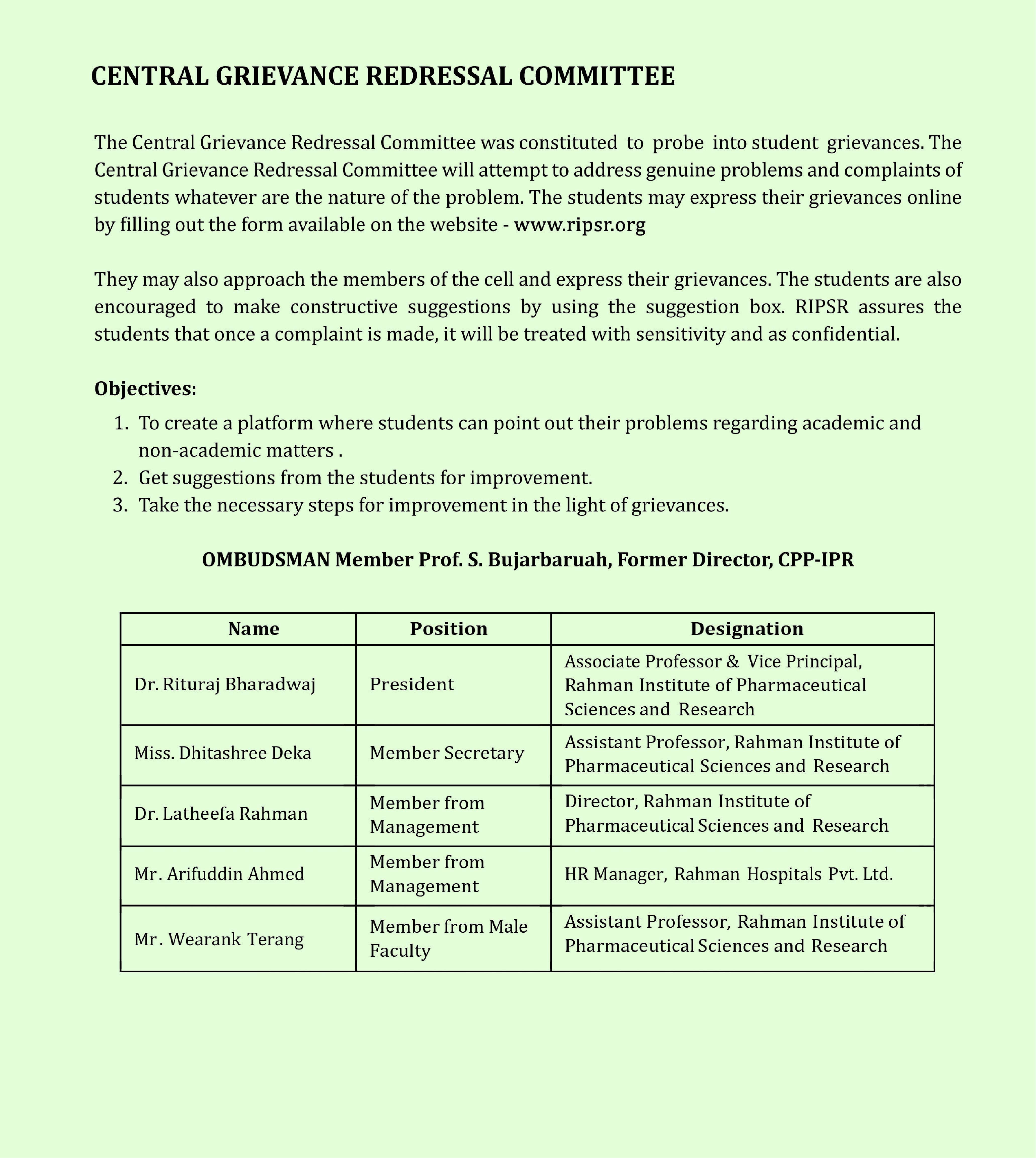 Grievance Redressal Committee | RIPSR | Guwahati